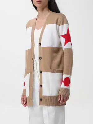 Max Mara Camel, White, And Red Star Embellished Wool Cardigan