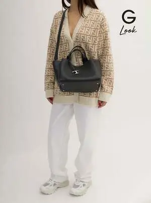 TOD'S Black Leather Handbag With Embossed Logo And T Timeless Pendant - Multicolor