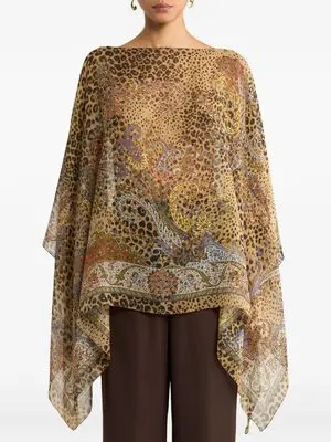 Etro Silk Poncho Top With Paisley And Animal Print - Multicolor