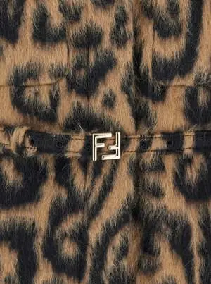 Fendi Leopard Motif Wool Blend Coat With Ff Buckled Belt - Multicolor
