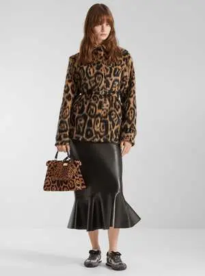 Fendi Leopard Motif Wool Blend Coat With Ff Buckled Belt - Multicolor