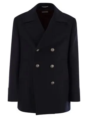 Brunello Cucinelli Double Wool Flannel Pea Coat With Metal Buttons