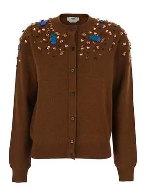Fendi FENDI Wool And Cashmere Crewneck Cardigan With Rhinestone Embroidery Multicolor