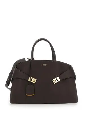 FERRAGAMO Leather Handbag With Gancini Buckles - Brown