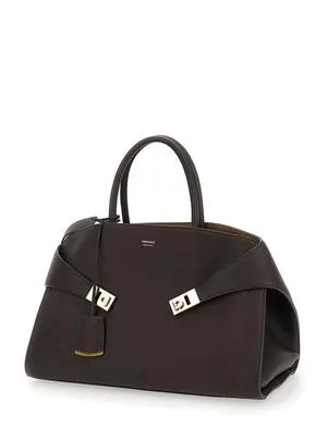 FERRAGAMO Leather Handbag With Gancini Buckles - Brown