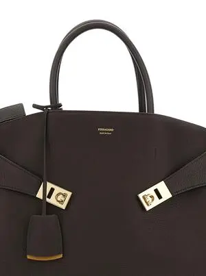 FERRAGAMO Leather Handbag With Gancini Buckles - Brown