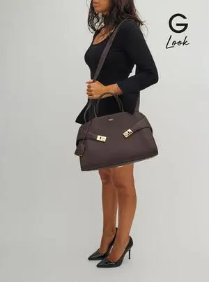 FERRAGAMO Leather Handbag With Gancini Buckles - Brown