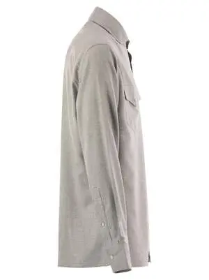 Brunello Cucinelli Stretch Cotton Chevron Flannel Easy Fit Shirt With Snap Buttons, Epaulettes And Pockets