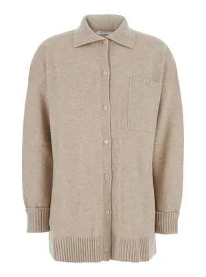 Max Mara Beige Cashmere Cardigan With Classic Collar And Patch Pocket - Multicolor