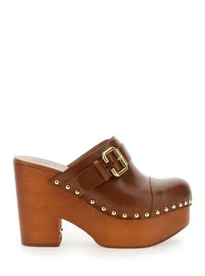 CHLOÉ CHLOE Leather And Wood Wedge Clogs
