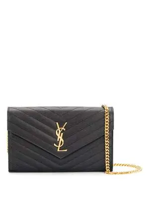 Saint Laurent Cassandre Chain Wallet In Grain De Poudre Leather - Black