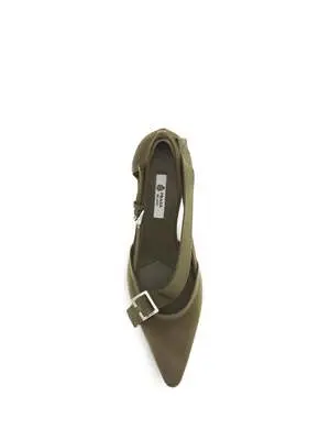 Prada Cotton Buckled Kitten Heel Pumps - Green
