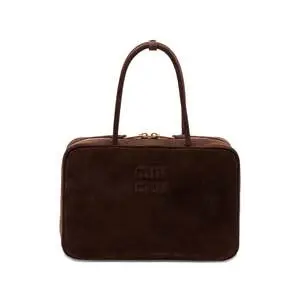 Miu Miu Suede Top Handle Bag With Embossed Logo - Brown