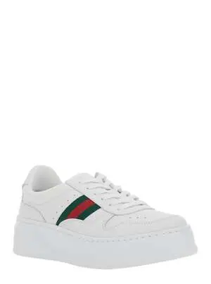 Gucci White Leather Sneakers With Web Detail And Oversized Sole