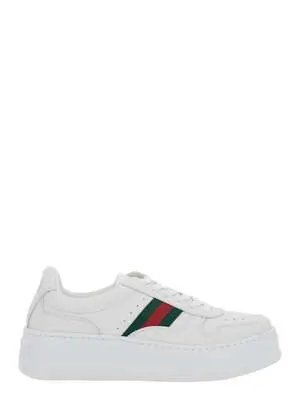 Gucci White Leather Sneakers With Web Detail And Oversized Sole
