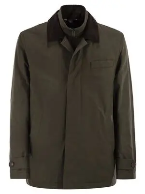FAY Short Raincoat In Cotton And Nylon Faille With Velvet Collar - Green