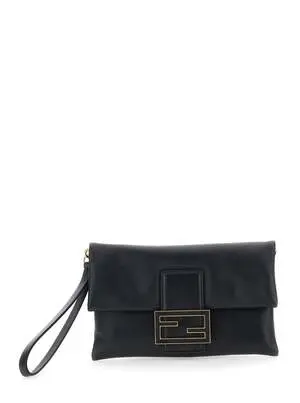 Fendi Leather Pouch With Ff Plate Closure And Wrist Strap - Multicolor