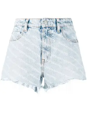 Alexander Wang All-over Logo Printed Denim Shorts - Blue