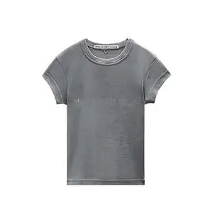 Alexander Wang ALEXANDER WANG Grey Ribbed Knit Crew Neck Short Sleeve T-Shirt With Crystal Dégradé Logo Gray
