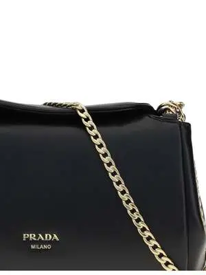 Prada Leather Shoulder Bag With Gold Tone Logo - Black