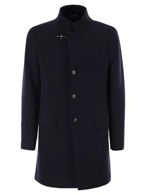 FAY Wool Blend Herringbone Coat With Stand-up Collar