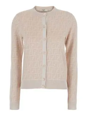 Fendi Wool Crew Neck Cardigan With All-over Ff Motif - Multicolor