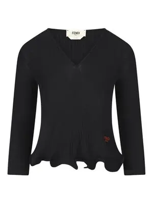 Fendi Ribbed V-neck Top With Ruffle Hem - Black