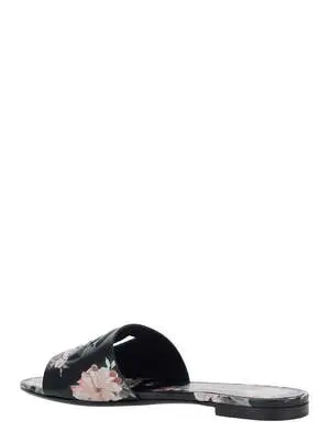 Dolce & Gabbana Leather Slide Sandals With Floral Motif And Cut Out Dg Logo - Black