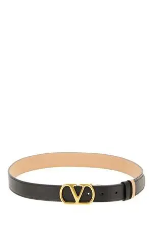 Valentino Garavani Black Leather Belt With Gold Tone V Logo Buckle - Multicolor