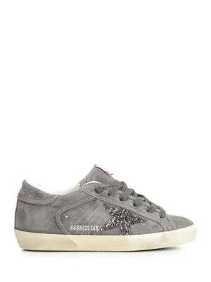GOLDEN GOOSE Super-star Distressed Leather Sneakers With Glitter Star Appliqués