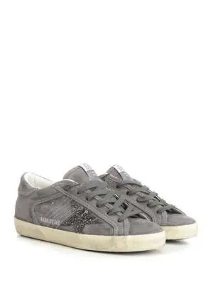 GOLDEN GOOSE Super-star Distressed Leather Sneakers With Glitter Star Appliqués