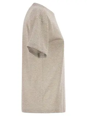 Peserico Striped Linen And Cotton T-shirt With Luminous Yarns - Cream