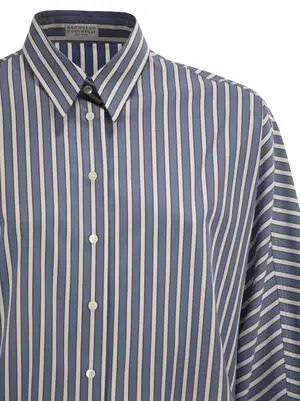 Brunello Cucinelli Vertical Striped Cotton Shirt - Blue