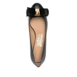 FERRAGAMO Leather Vara Bow Block Heel Ballet Flats