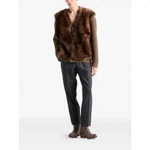 Prada Shearling Trim Ribbed Knit Cardigan