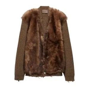 Prada Shearling Trim Ribbed Knit Cardigan - Brown