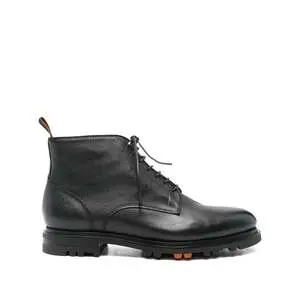 Santoni Black Grained Leather Lace-up Boots