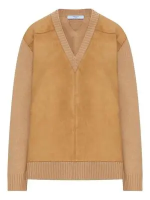 Prada PRADA Suede-Panel V-Neck Wool Sweater Multicolor
