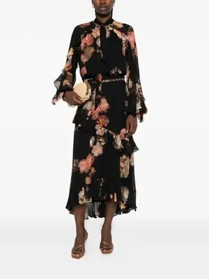 Zimmermann Asymmetrical Floral Print Midi Skirt - Black