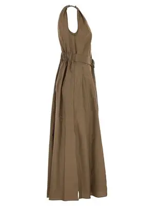 Brunello Cucinelli Techno Cotton Poplin Dress With Belt And Embellished Shoulders - Brown