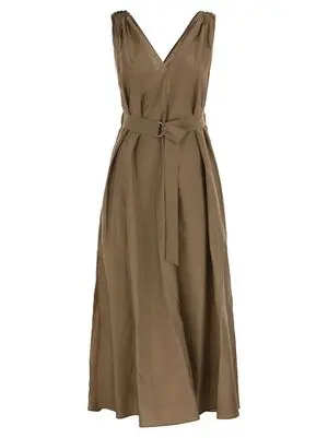 Brunello Cucinelli Techno Cotton Poplin Dress With Belt And Embellished Shoulders - Brown