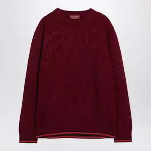 Gucci Burgundy Wool & Cashmere Crew Neck Jumper With Web Ribbon Detail