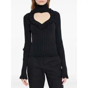 Balenciaga Ribbed Knit High Neck Long Sleeve Top With Ruffled Trim