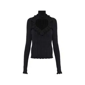 Balenciaga Ribbed Knit High Neck Long Sleeve Top With Ruffled Trim - Black