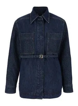 Fendi Blue Denim Jacket With Ff Plate Belt - Multicolor