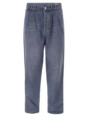 Brunello Cucinelli Baggy Cotton Denim Jeans With Double Pleats - Multicolor