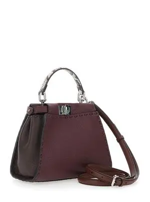 Fendi Bordeaux Peekaboo Tote Bag With Snakeskin Handle And Turn Lock Closure