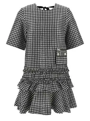 GANNI Crinkled Check Mini Dress With Ruffles - Multicolor