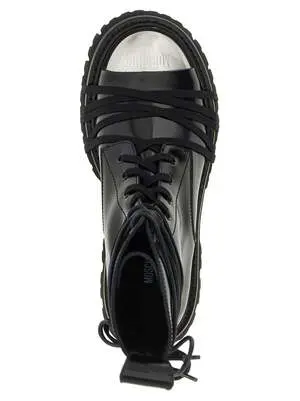 Moschino Calf Leather Combat Boots With Metal Cap Toe And Lace Up Detail