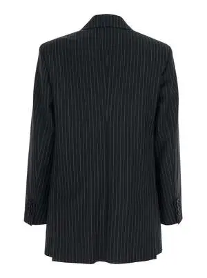 Max Mara Black Wool Double-breasted Jacket With Peak Lapel And Striped Motif - Multicolor